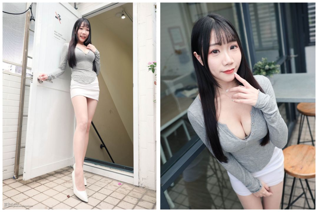 Furuke | [4K] 巧巧-灰色V領上衣美胸搭配短裙絲襪美腿