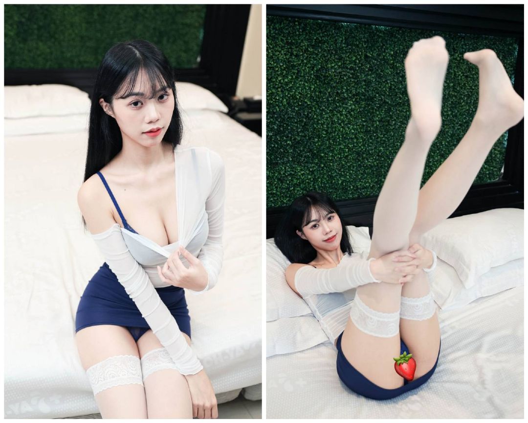 Furuke | [4K] 班班-白色透視上衣短裙膝上襪美腿搭配藍色內衣小丁